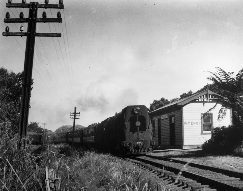 "Fitzroy Railway station with locomotive K 935 train." - Puke Ariki